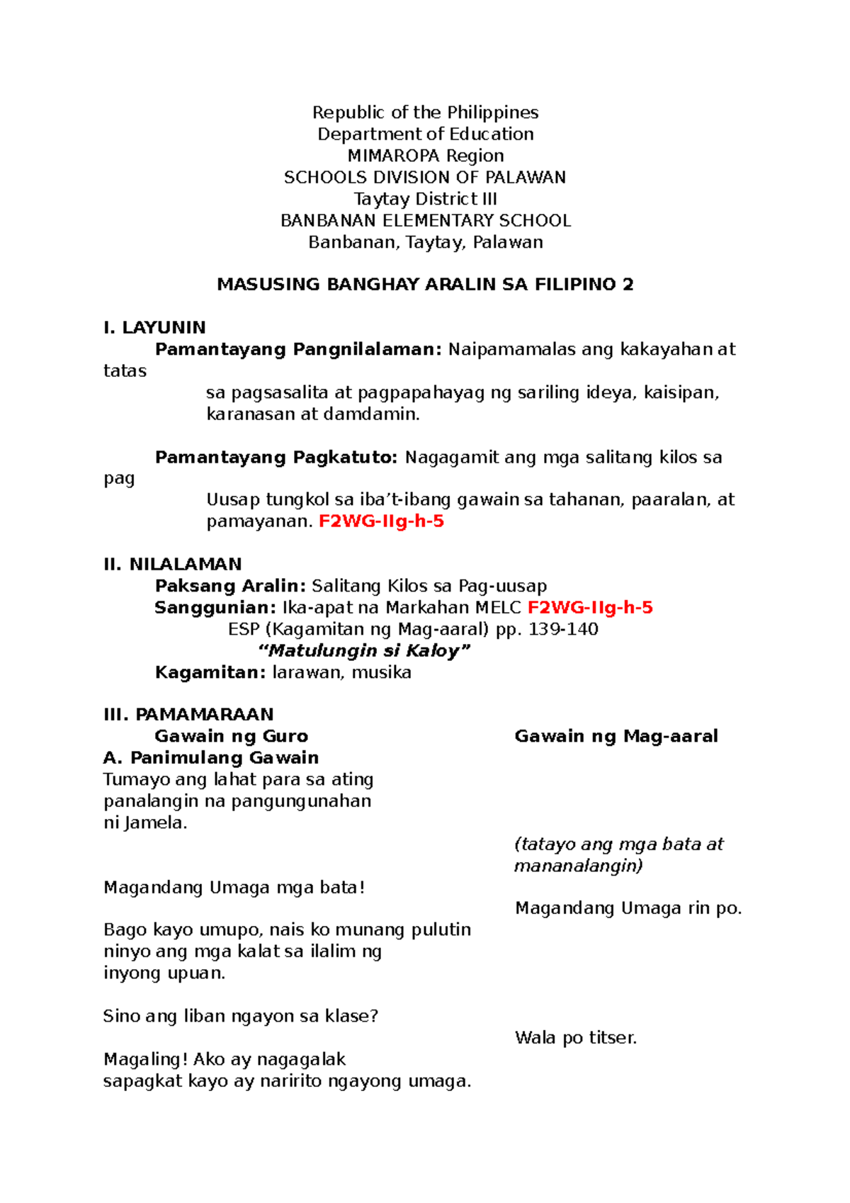COT Lesson PLAN Filipino - Republic of the Philippines Department of ...