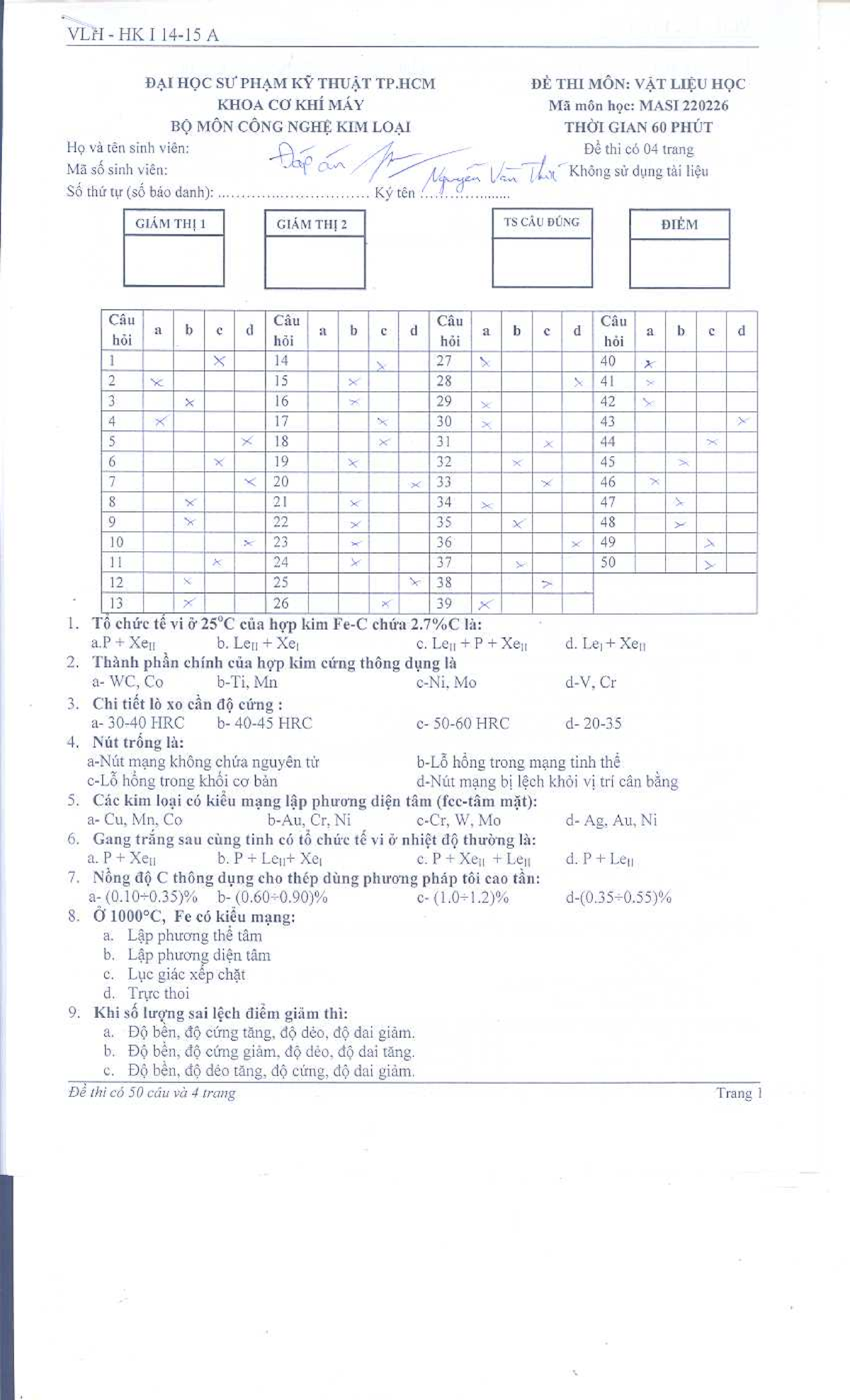Đề thi cuối kỳ môn Vật Liệu Học SPKT 6 - Studocu
