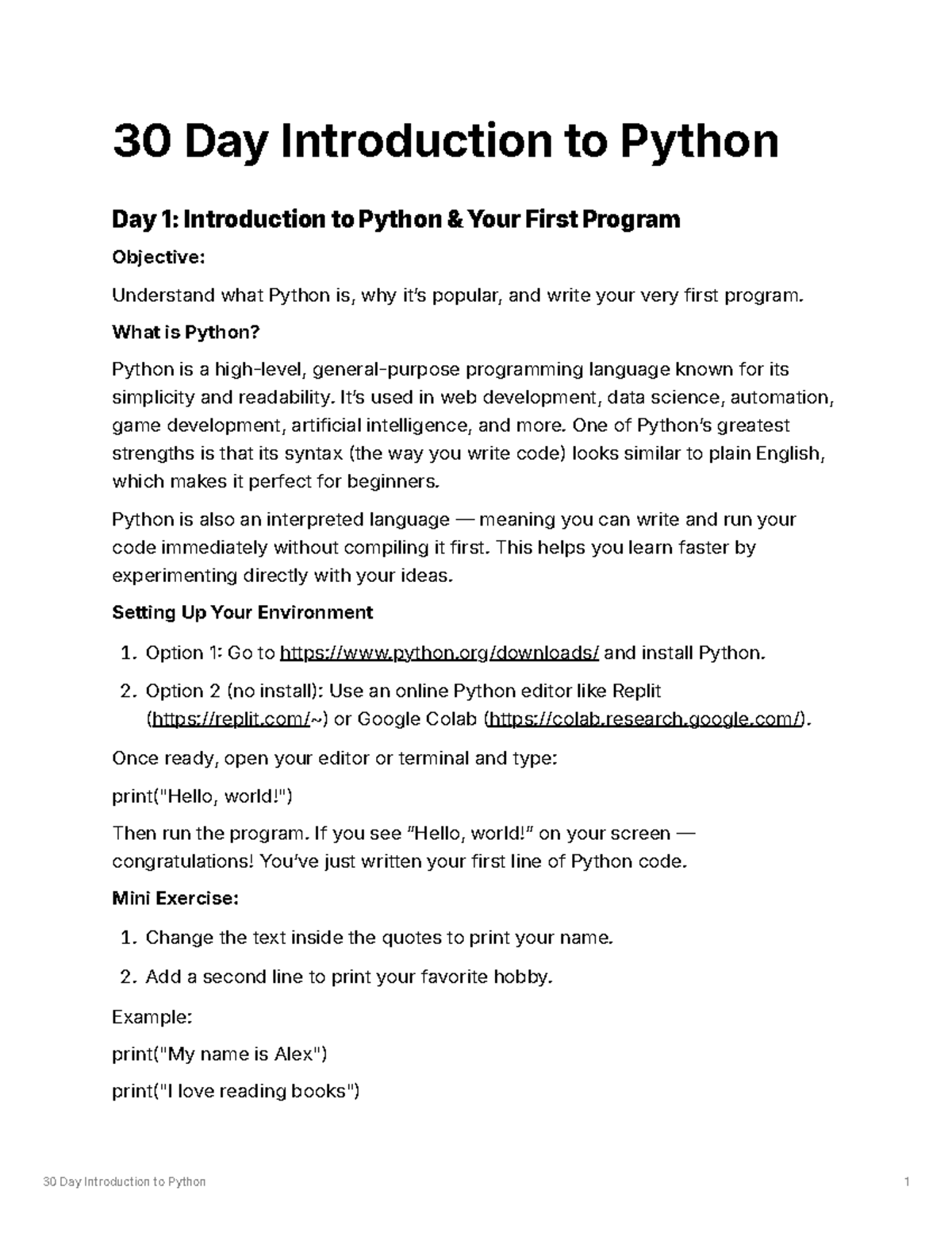 30 Day Intro to Python: Day 1 - Your First Program & Setup - Studocu