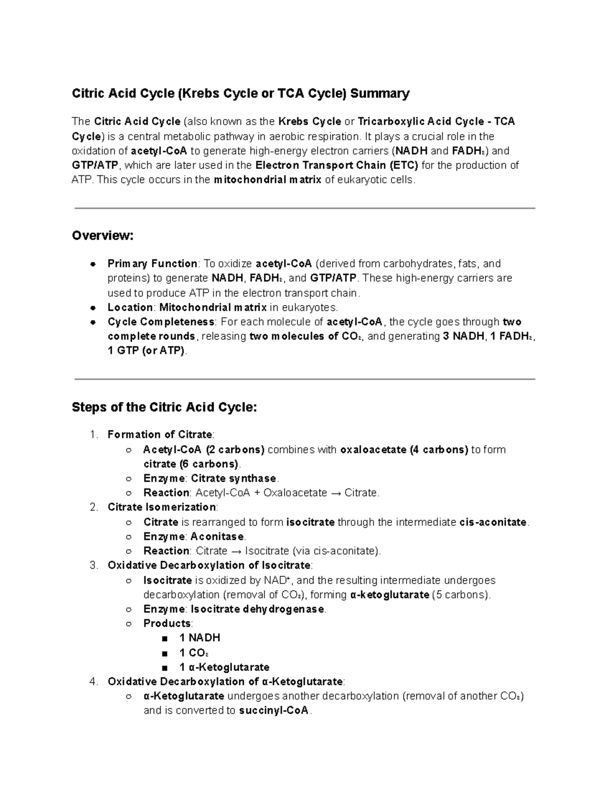 Citric Acid Cycle (Krebs Cycle) Summary for Biology 101 - Studocu
