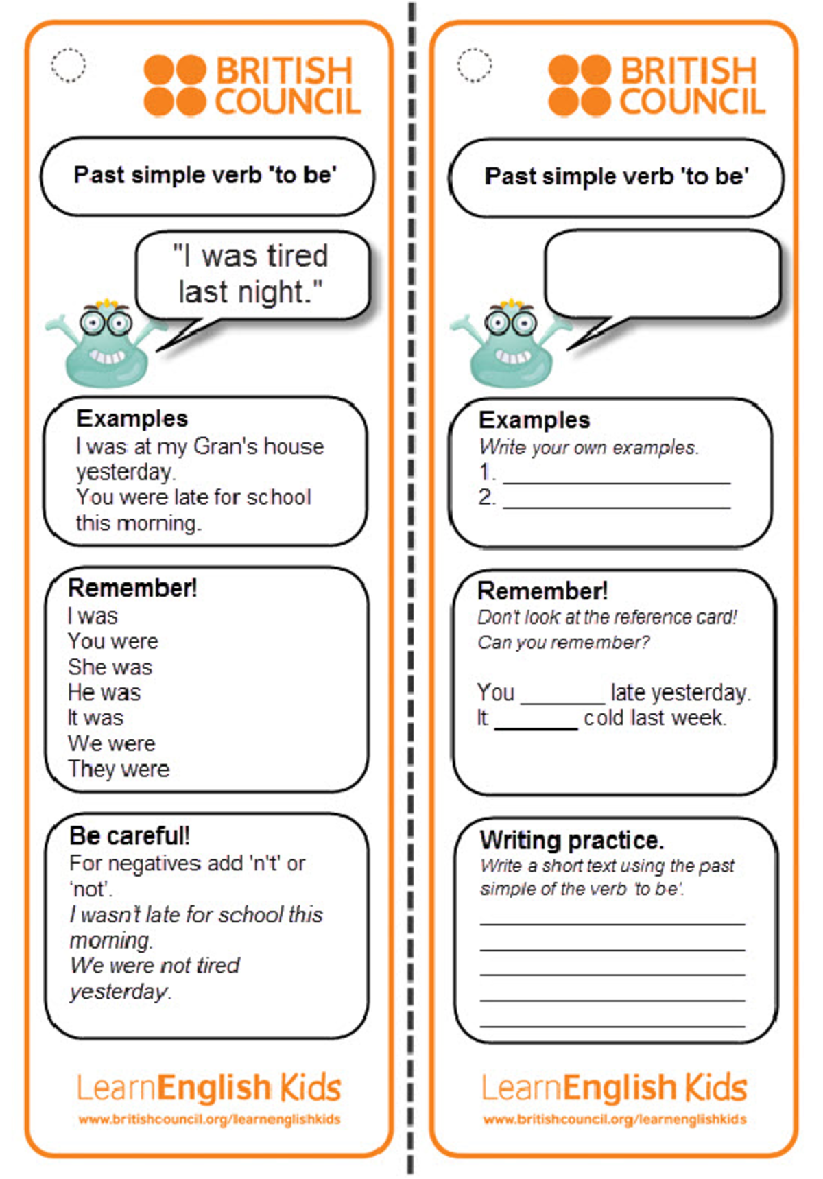 Grammar Practice Reference Card: Past Simple Verb to Be - Studocu
