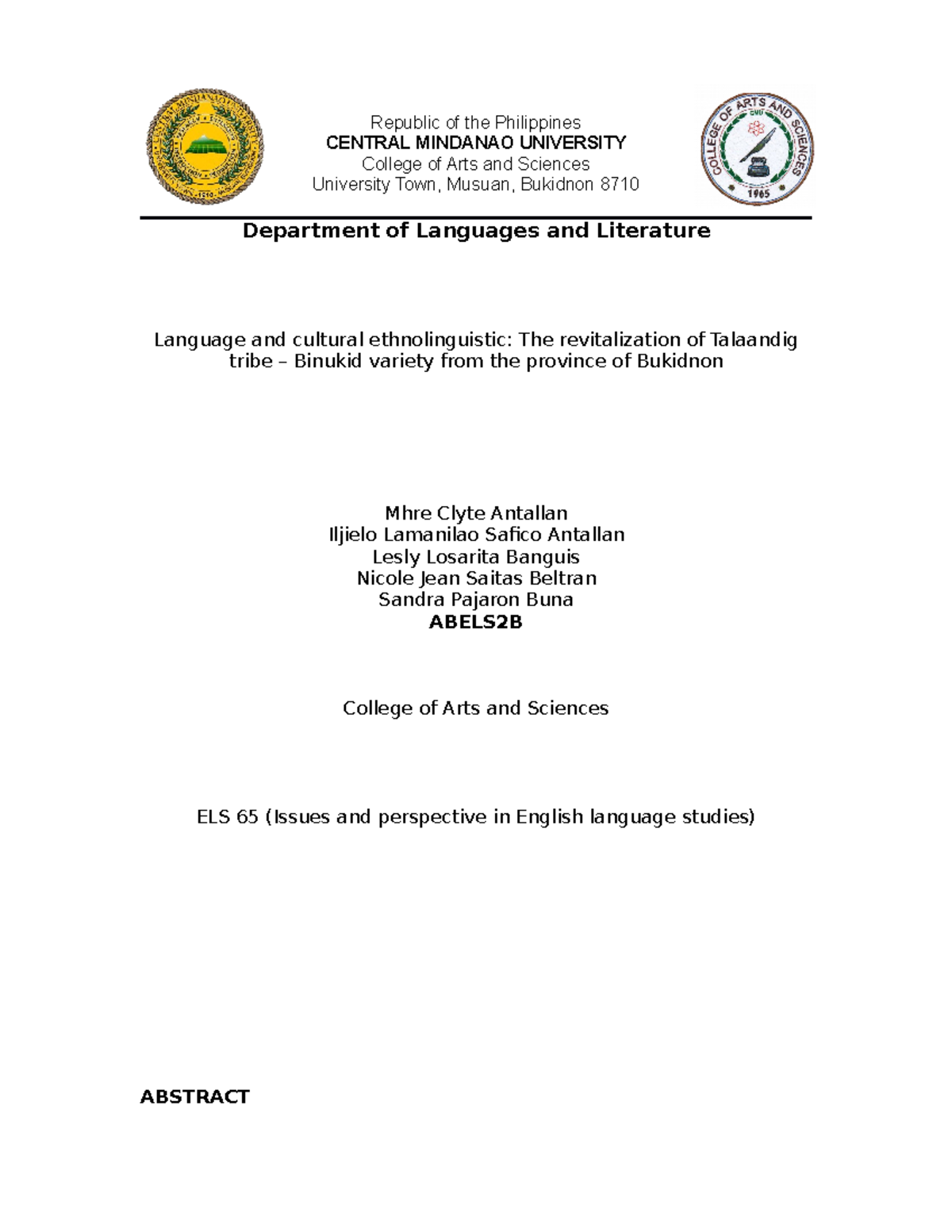 Revitalizing the Binukid Language: A Study on the Talaandig Tribe (ELS ...
