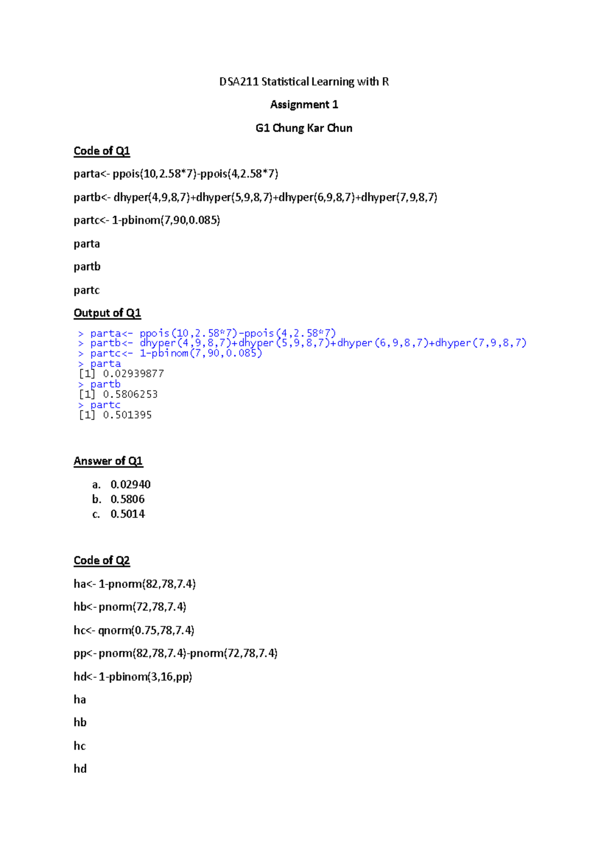 DSA211 - Statistical Learning Assignment 1 Solutions & Code - Studocu
