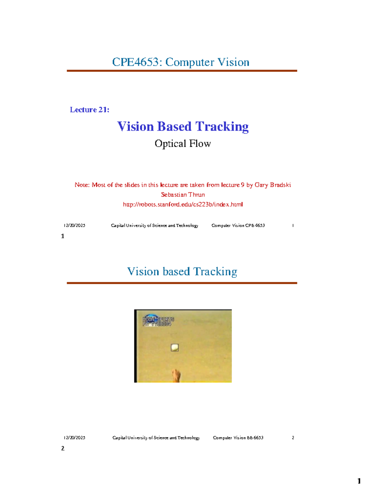 CPE4653: Computer Vision Lecture 21 - Vision-Based Tracking & Optical Flow - Studocu