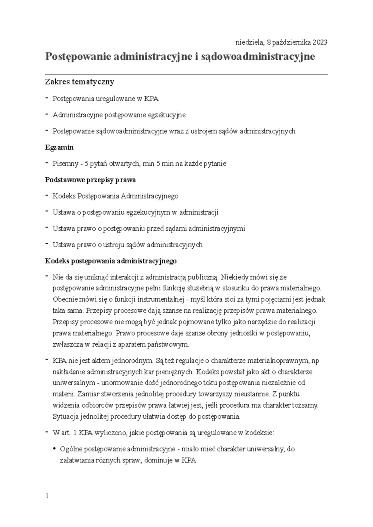 PPSA 2023: Notatki z wykładów o postępowaniu administracyjnym - Studocu
