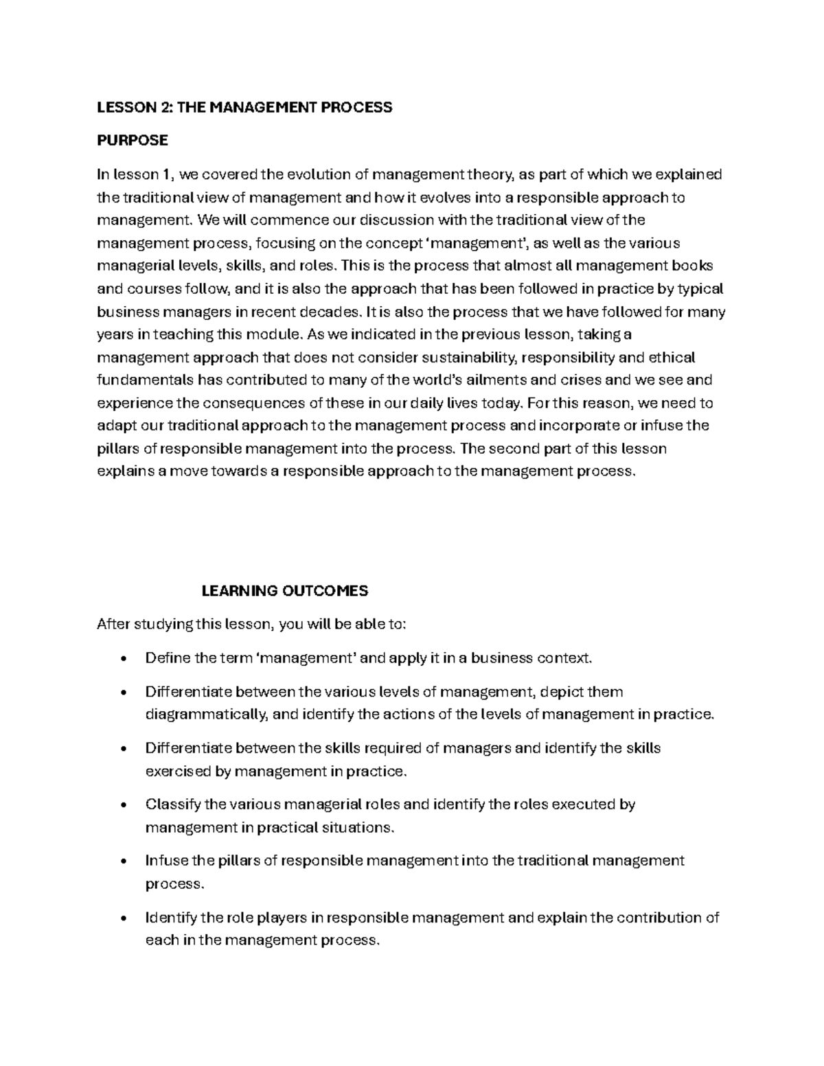 LESSON 2: THE MANAGEMENT PROCESS AND RESPONSIBLE MANAGEMENT - Studocu