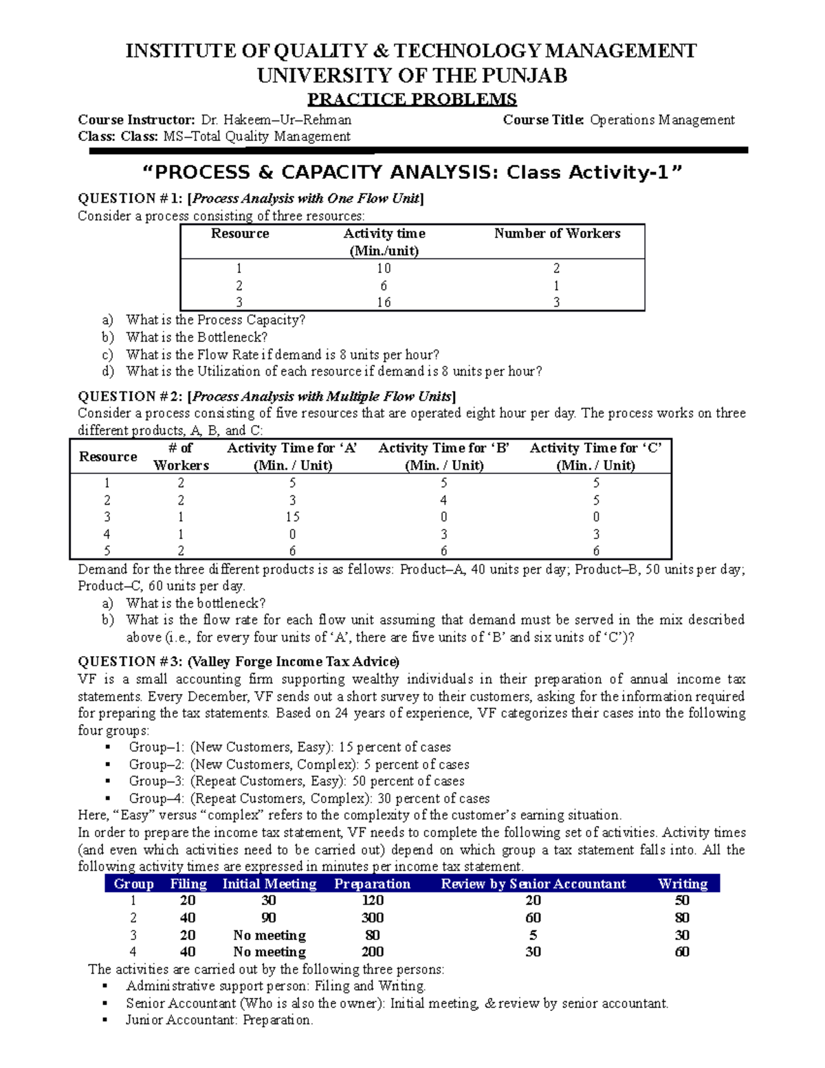 Process & Capacity Analysis: Activity 1 for MS-TQM Course (OM) - Studocu