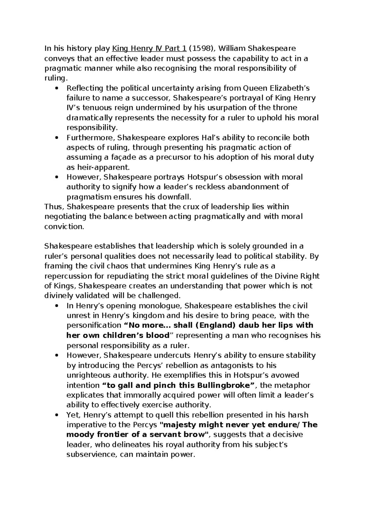 King Henry IV Part 1 Leadership Analysis Essay HSC - Studocu