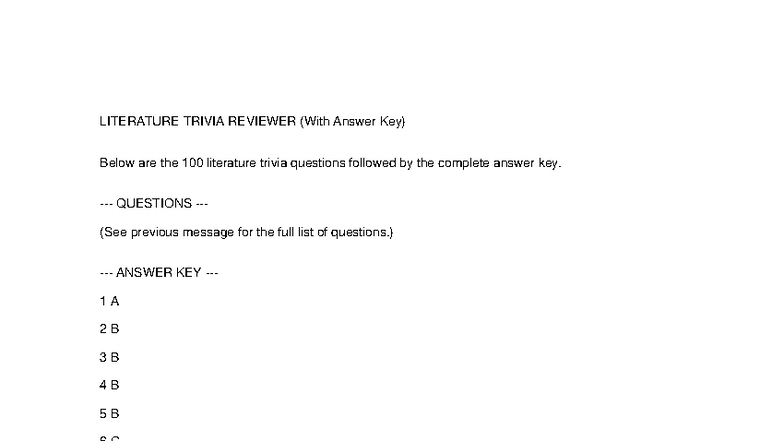 LIT 101: Literature Trivia Reviewer with Answer Key - Studocu