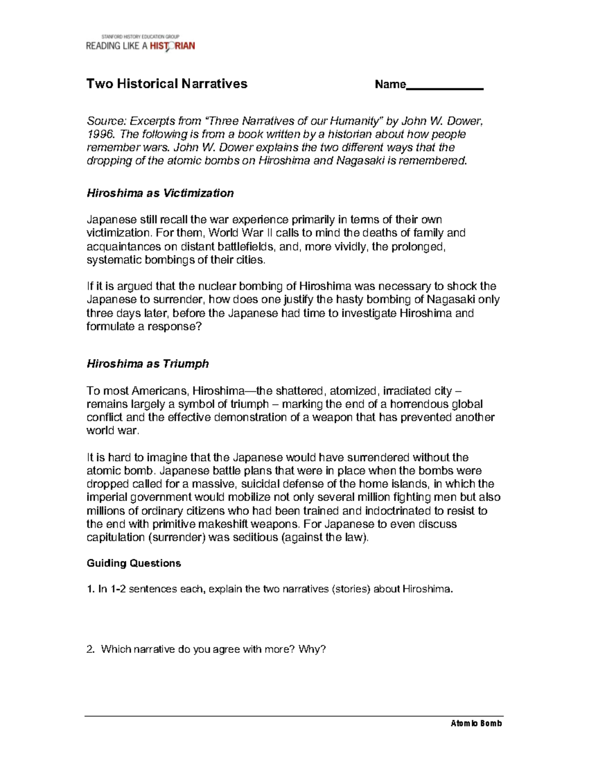 Two Historical Narratives on the Atomic Bomb: Hiroshima & Nagasaki ...