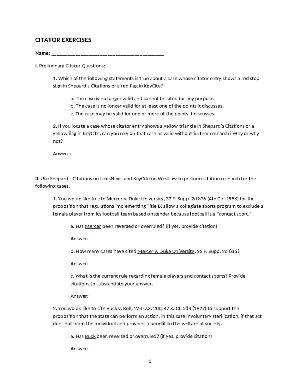 CIT 101: Citator Exercises and Citation Research Guide - Studocu