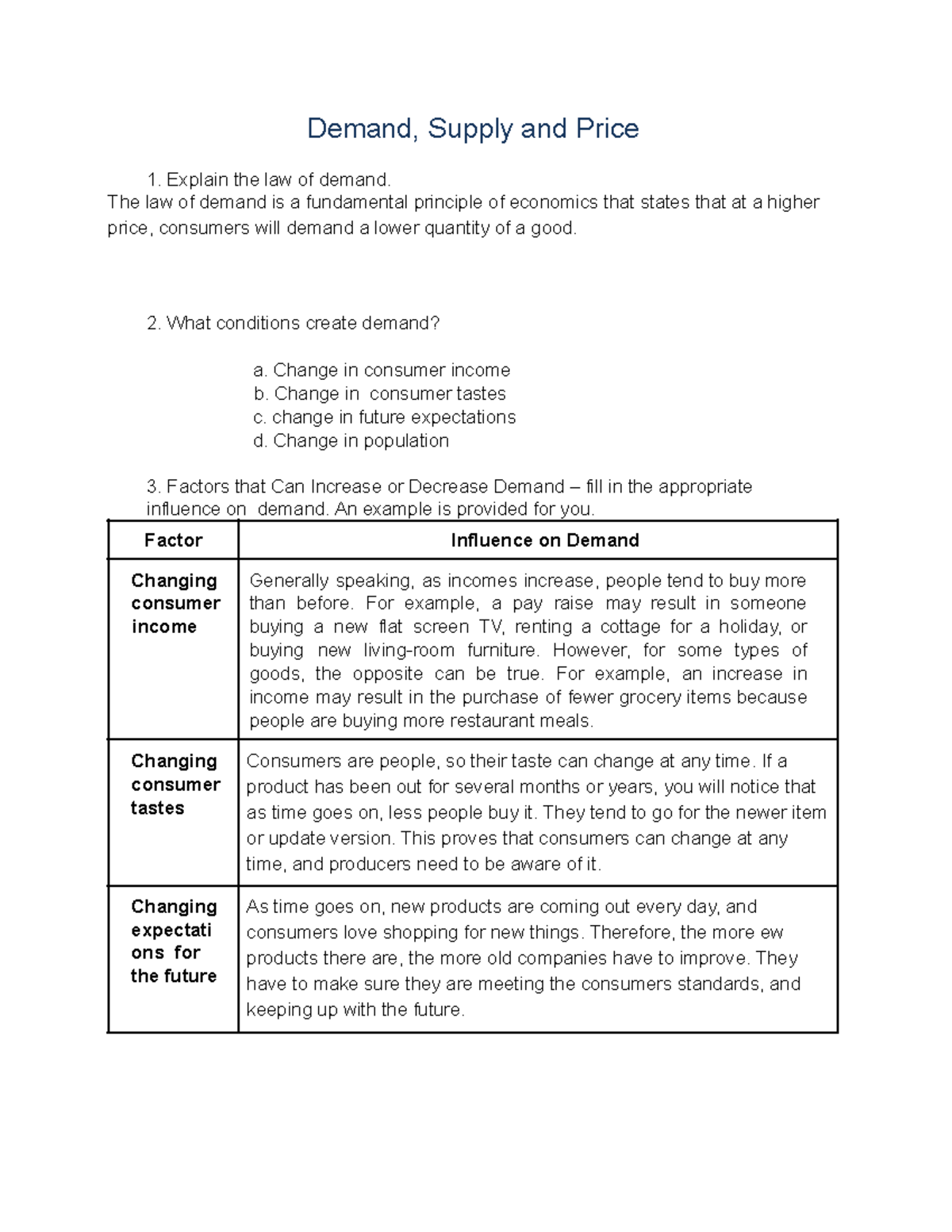 Unit 1 worksheet 2 - Demand, Supply and Price Explain the law of demand ...