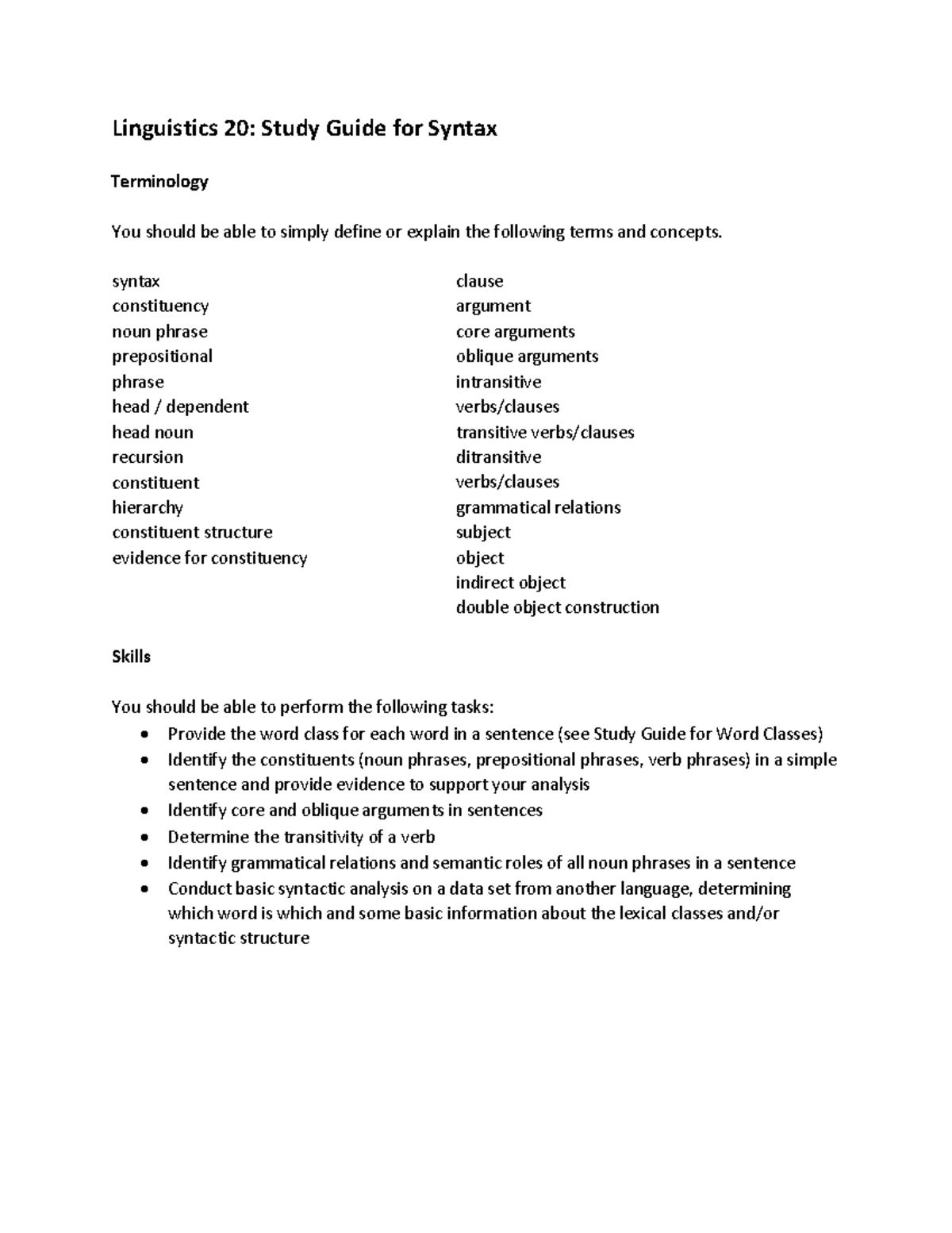 Linguistics 20: Study Guide for Syntax Concepts and Skills ...