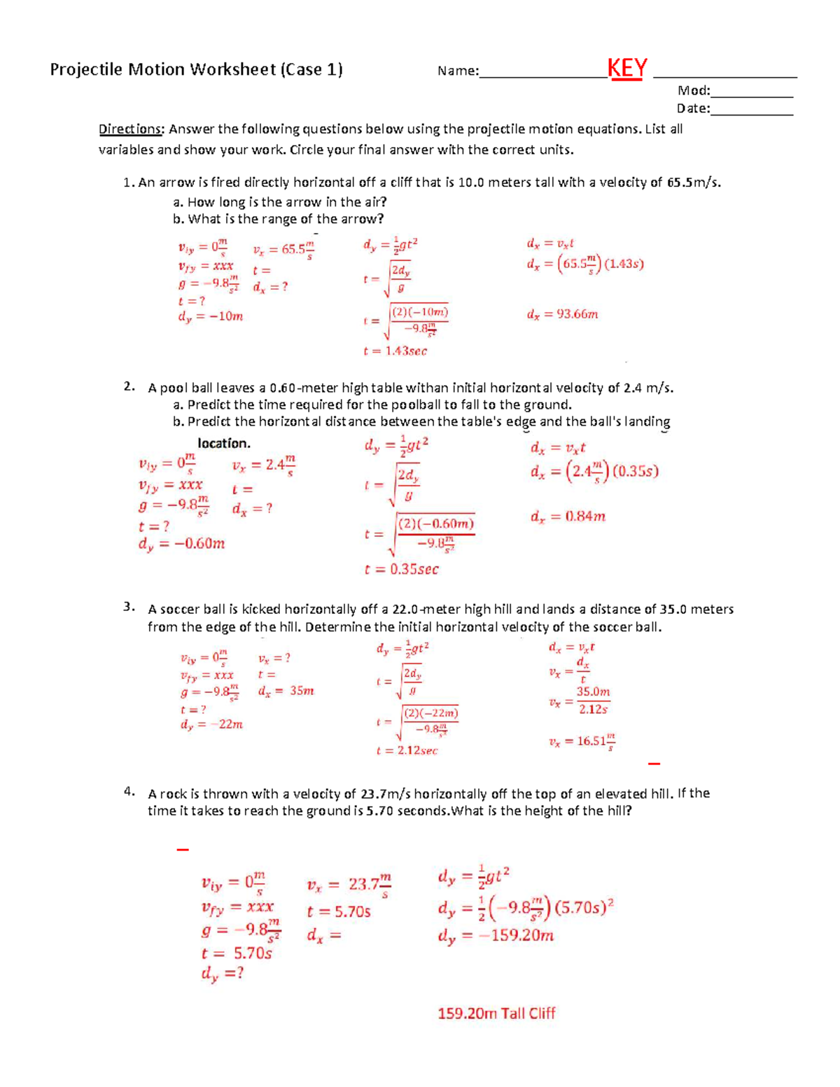 Projectile Motion Worksheet (Case 1) Answer Key - Studocu