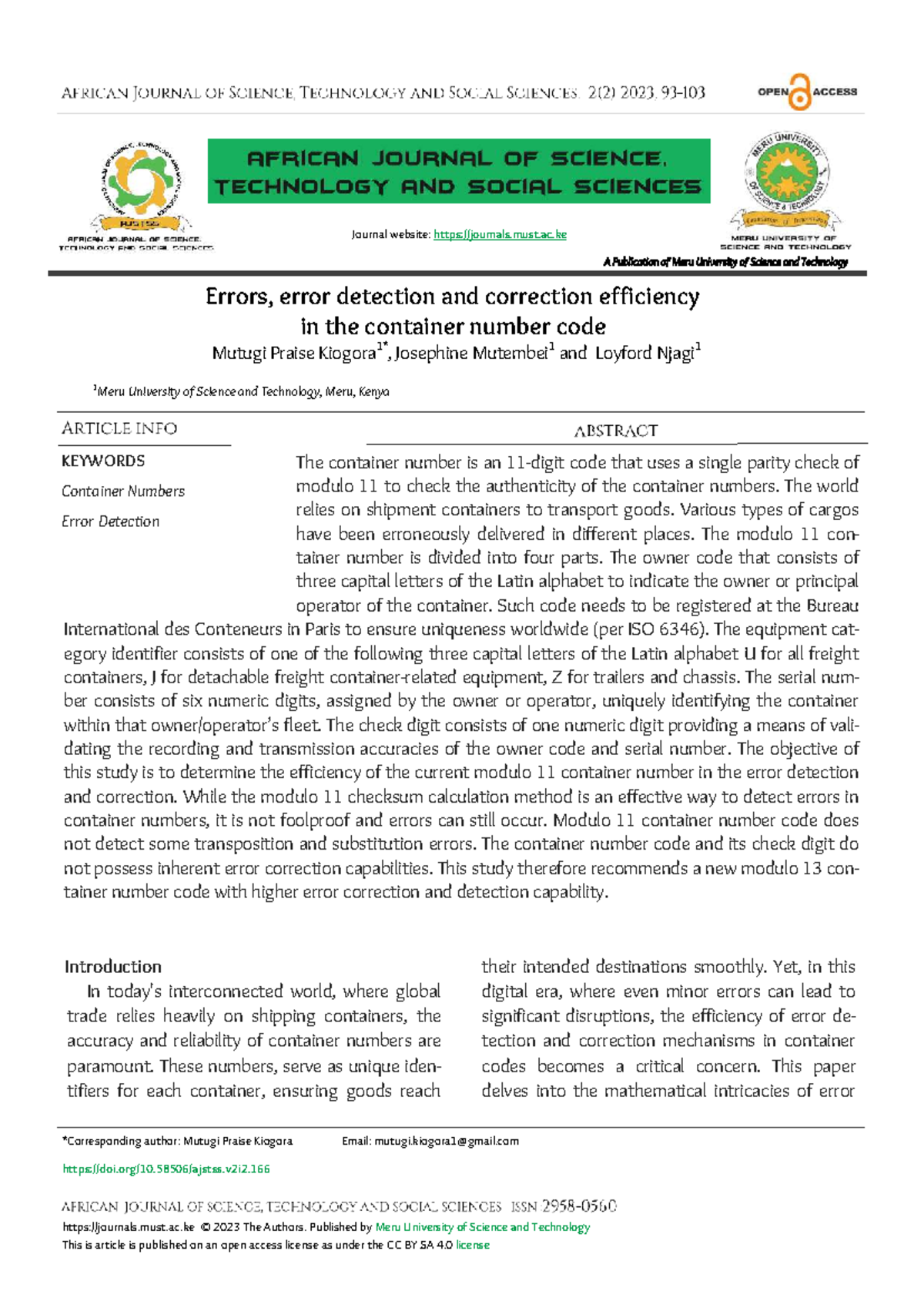 Efficiency of Error Detection and Correction in Container Number Codes (CS101) - Studocu