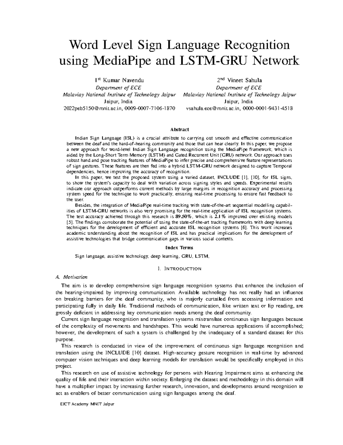 Word Level ISL Recognition Using MediaPipe & Deep Learning (ECE 2024) - Studocu