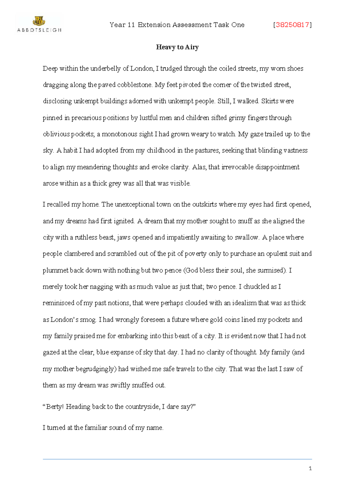 Year 11 Extension Creative Writing Assessment Task One: Heavy to Airy ...