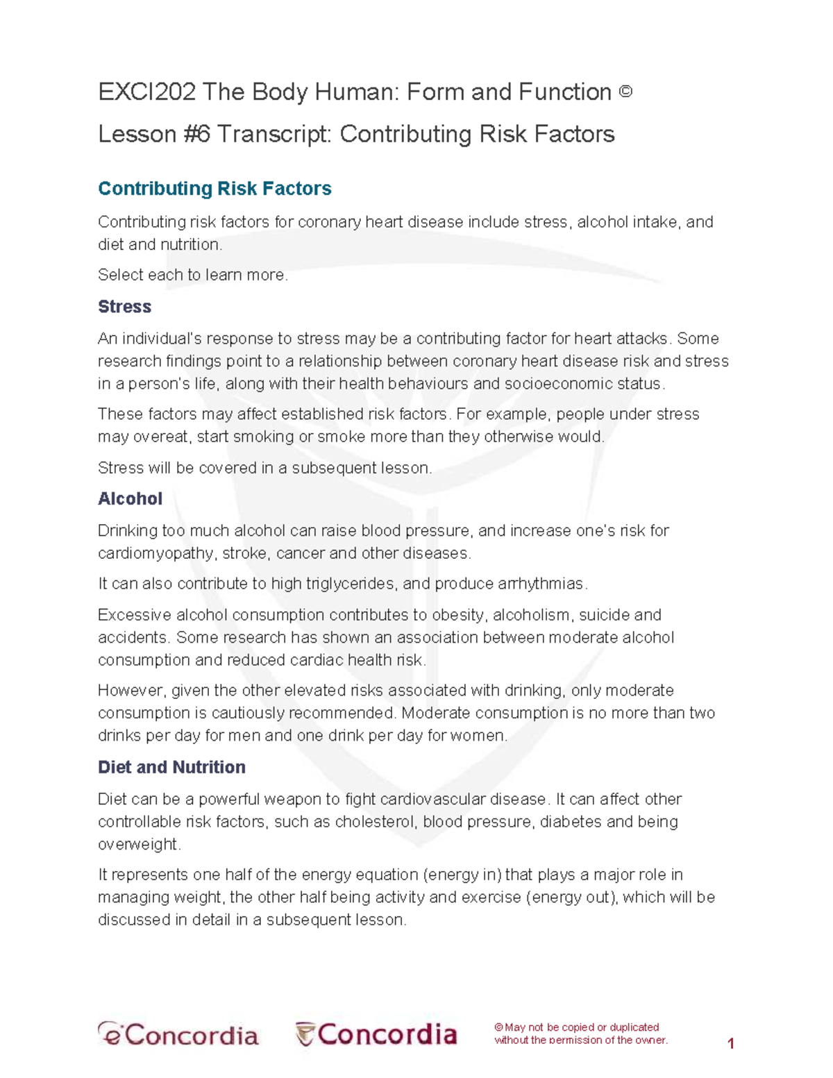 EXCI202 The Body Human: Form & Function Lesson on Risk Factors - Studocu
