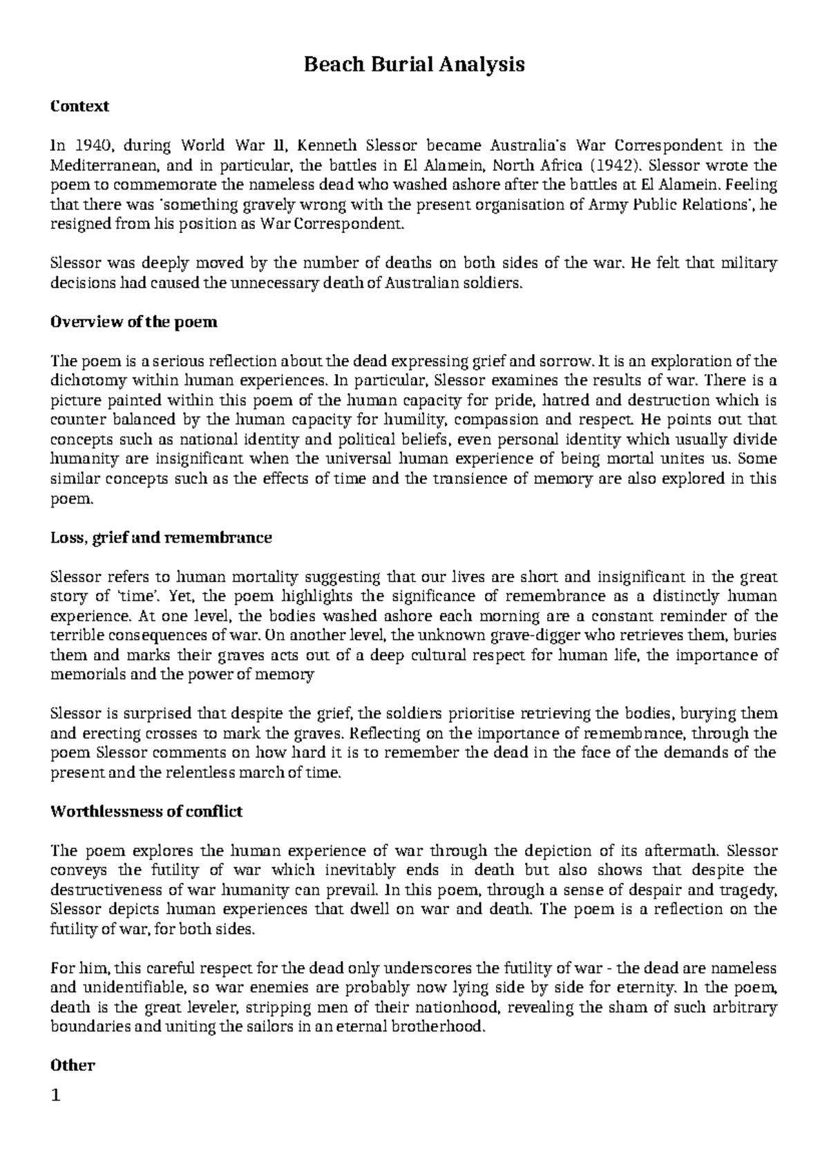 Beach Burial Poem Analysis: Human Experience in War - Studocu