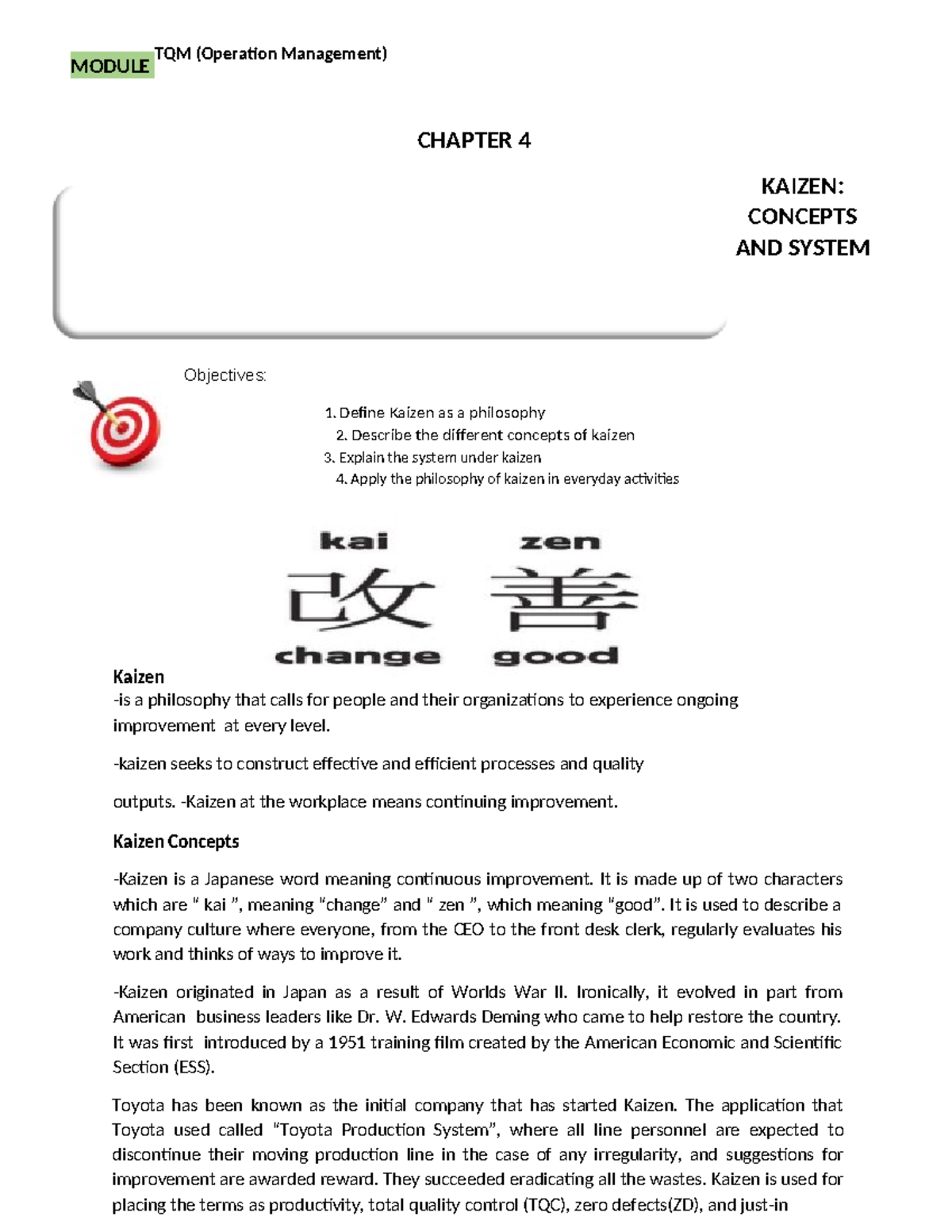 TQM 101: Chapter 4 Kaizen Concepts and Systems Explained - Studocu