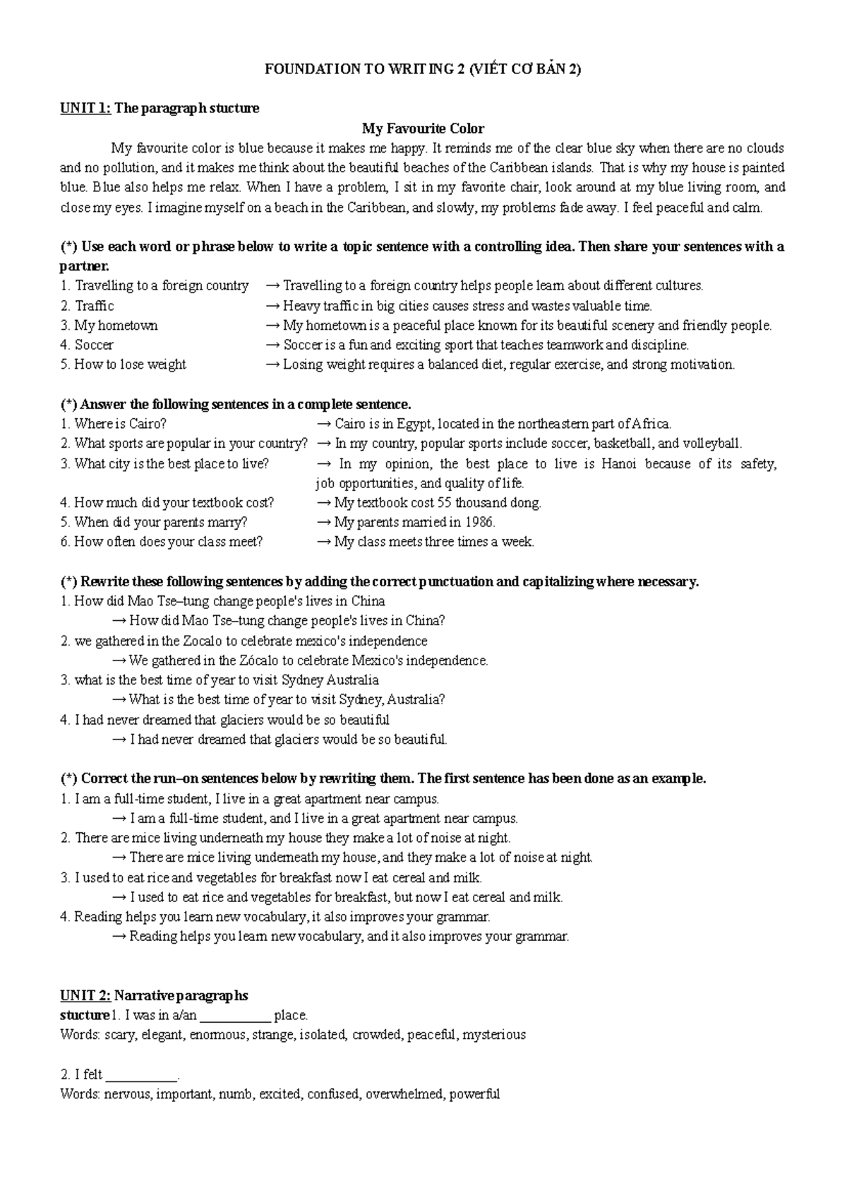 FOUNDATION TO WRITING 2 (VIẾT CƠ BẢN 2) UNIT 1 & 2: Paragraph ...