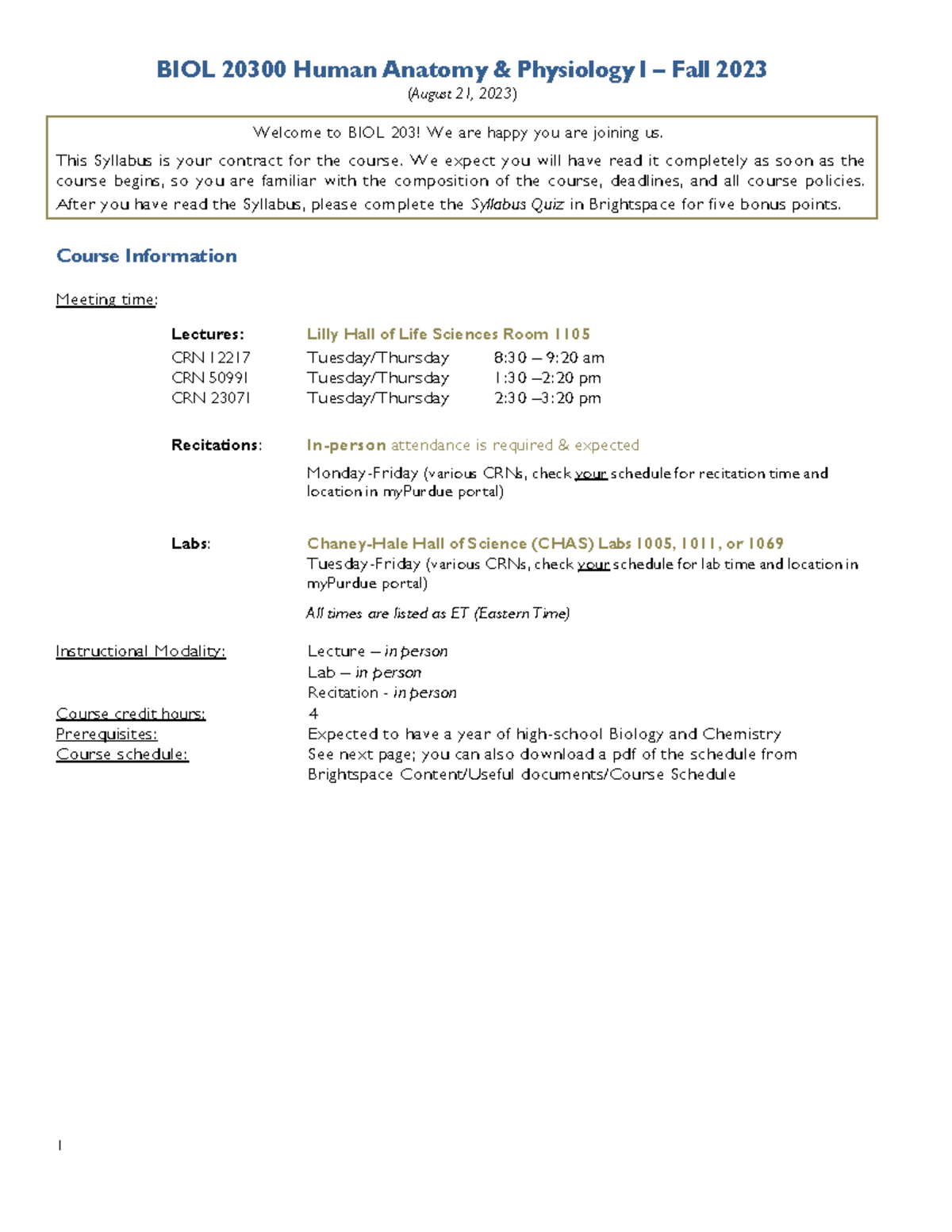 BIOL 20300 Human Anatomy & Physiology I Syllabus - Fall 2023 - Studocu