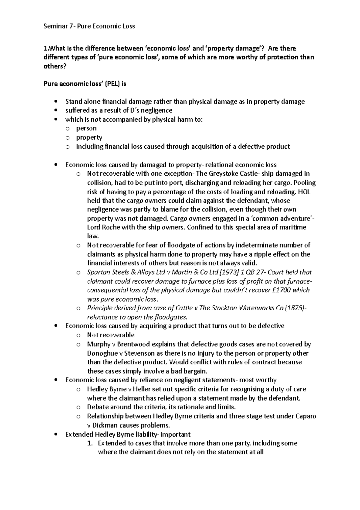 Seminar 7- Pure Economic Loss - 1 is the difference between ‘economic ...