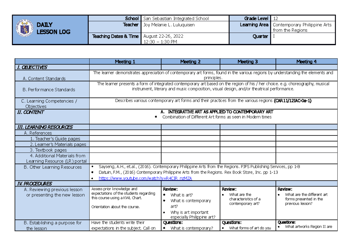 DLL Week1 CPAR - This is a daily lesson plan for Contemporary ...