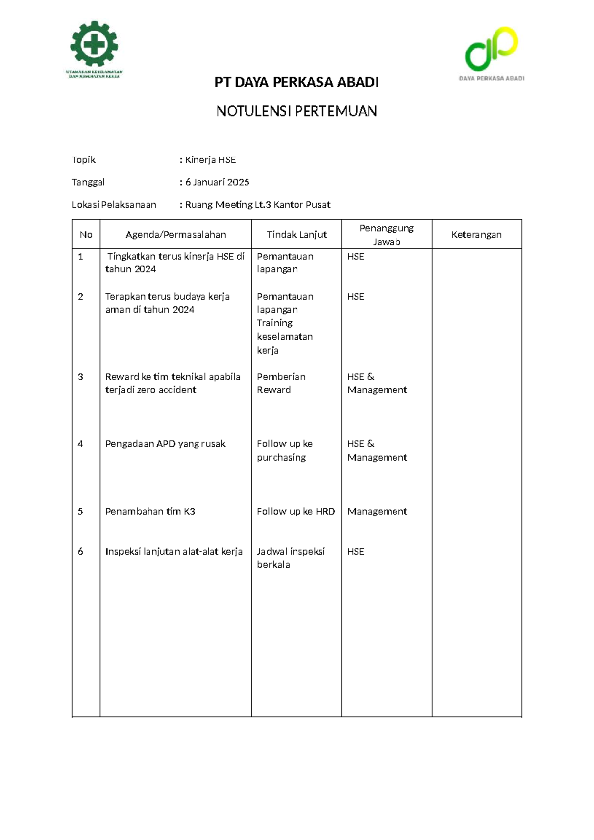 FORM Notulen K3 Kinerja HSE - PT DAYA PERKASA ABADI NOTULENSI PERTEMUAN ...