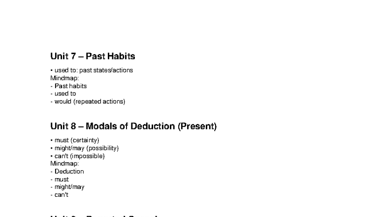 Grammar Notes Units 7 12 - Unit 7 – Past Habits used to: past states ...