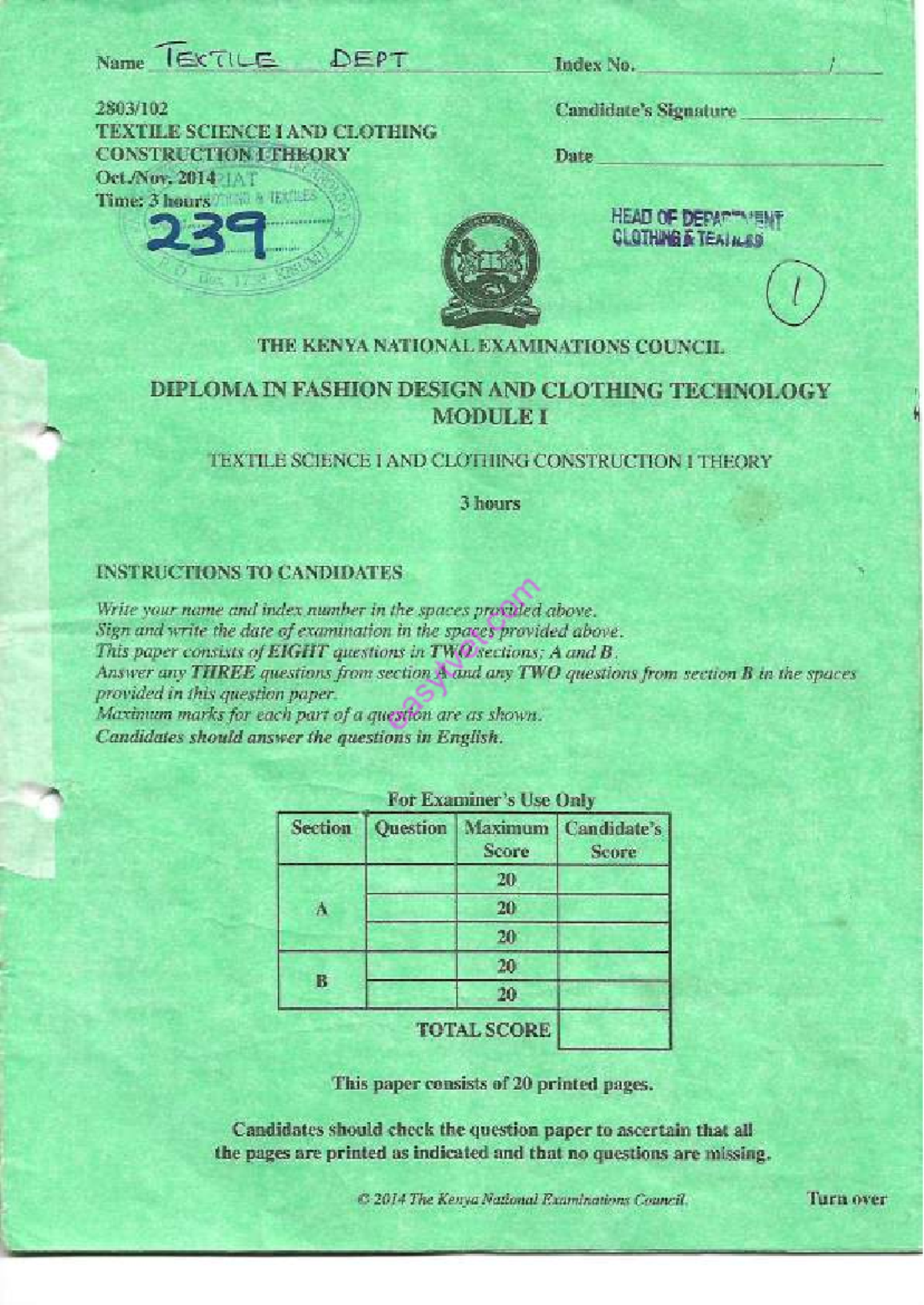 TEXTILES 239: Textile Science I & Clothing Construction Theory Exam ...