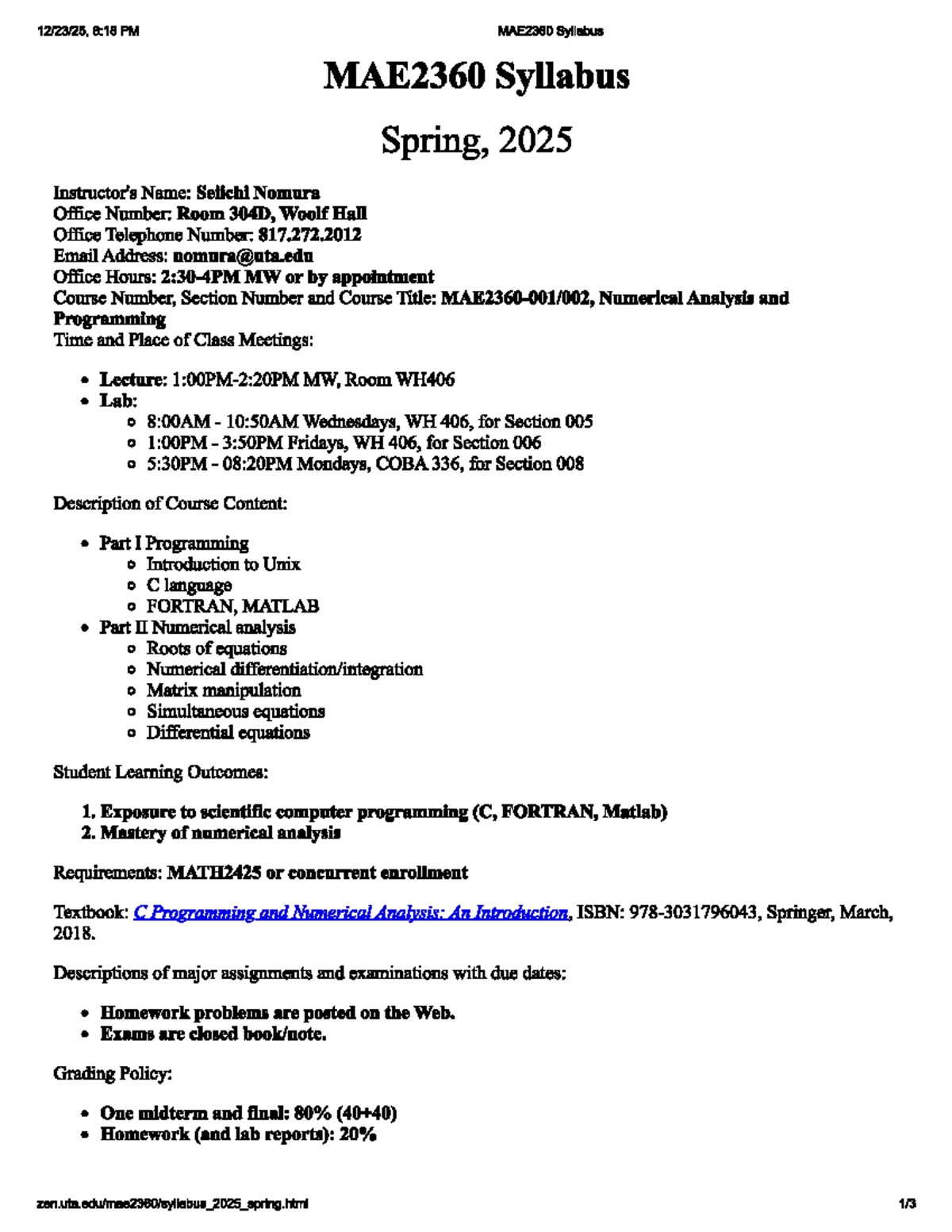 MAE2360 Numerical Analysis & Programming Syllabus - Spring 2025 - Studocu