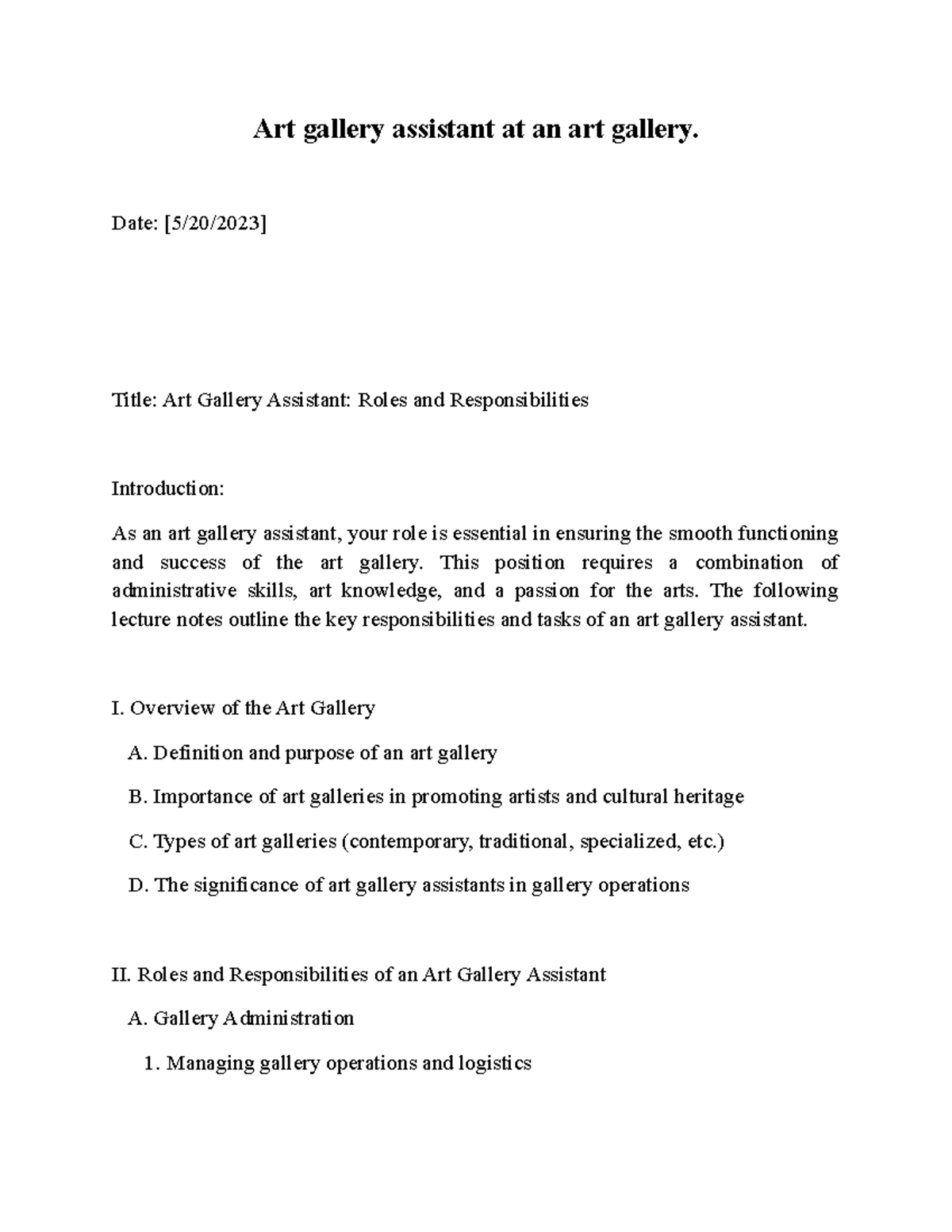 Art Gallery Assistant: Key Roles and Responsibilities Overview - Studocu