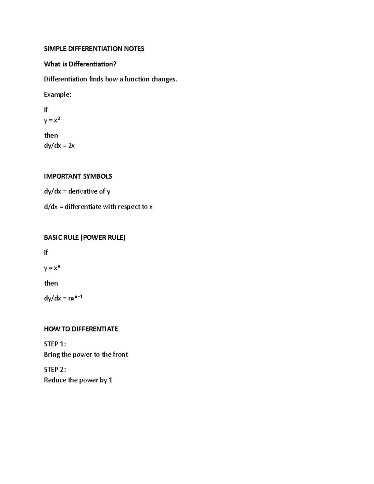 MATH 101: Simple Differentiation Notes and Examples - Studocu