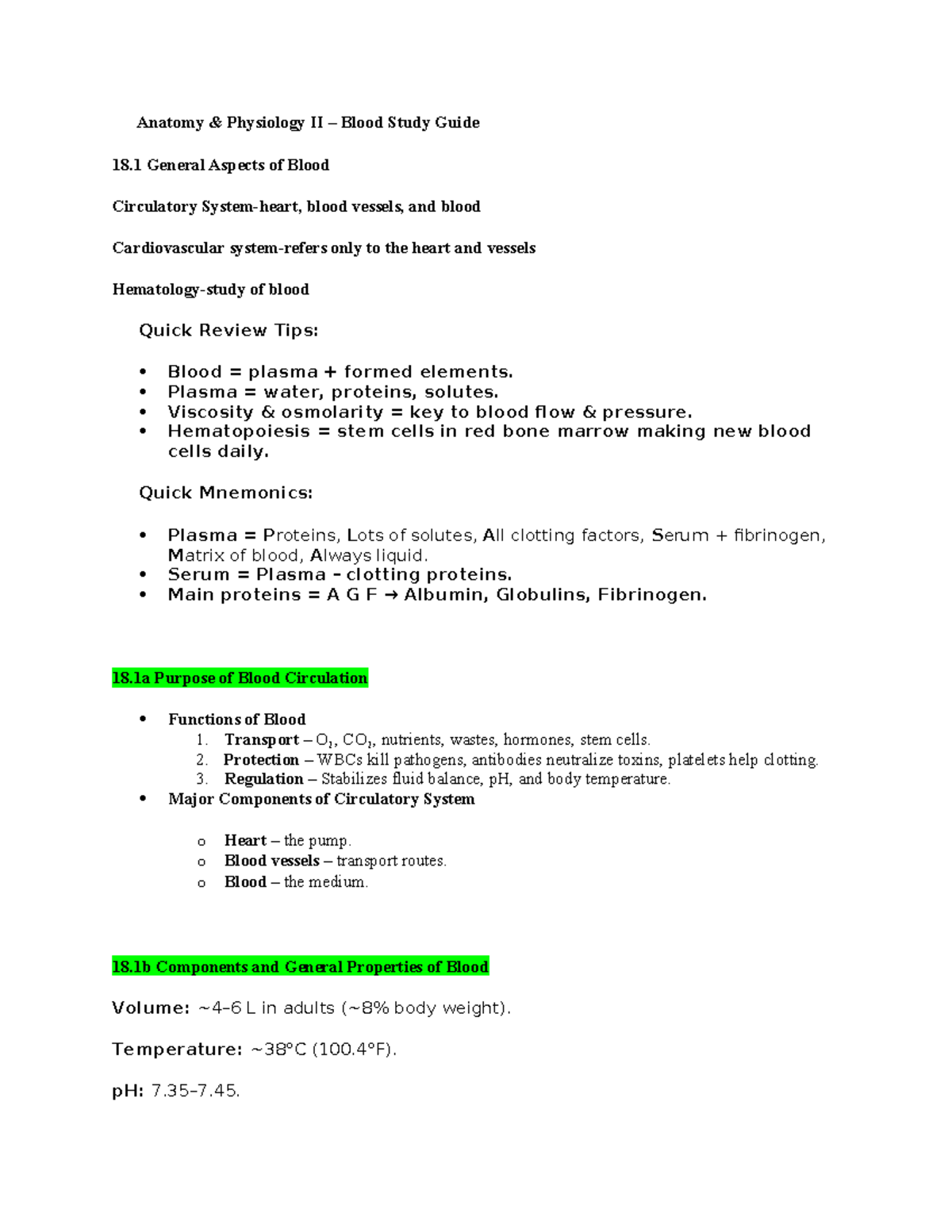 Chapter 18 Blood-Circulatory System Study Guide: Key Concepts and ...