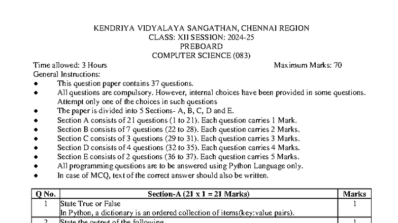 Preboard Computer Science (083) Exam Paper - Class XII - Studocu