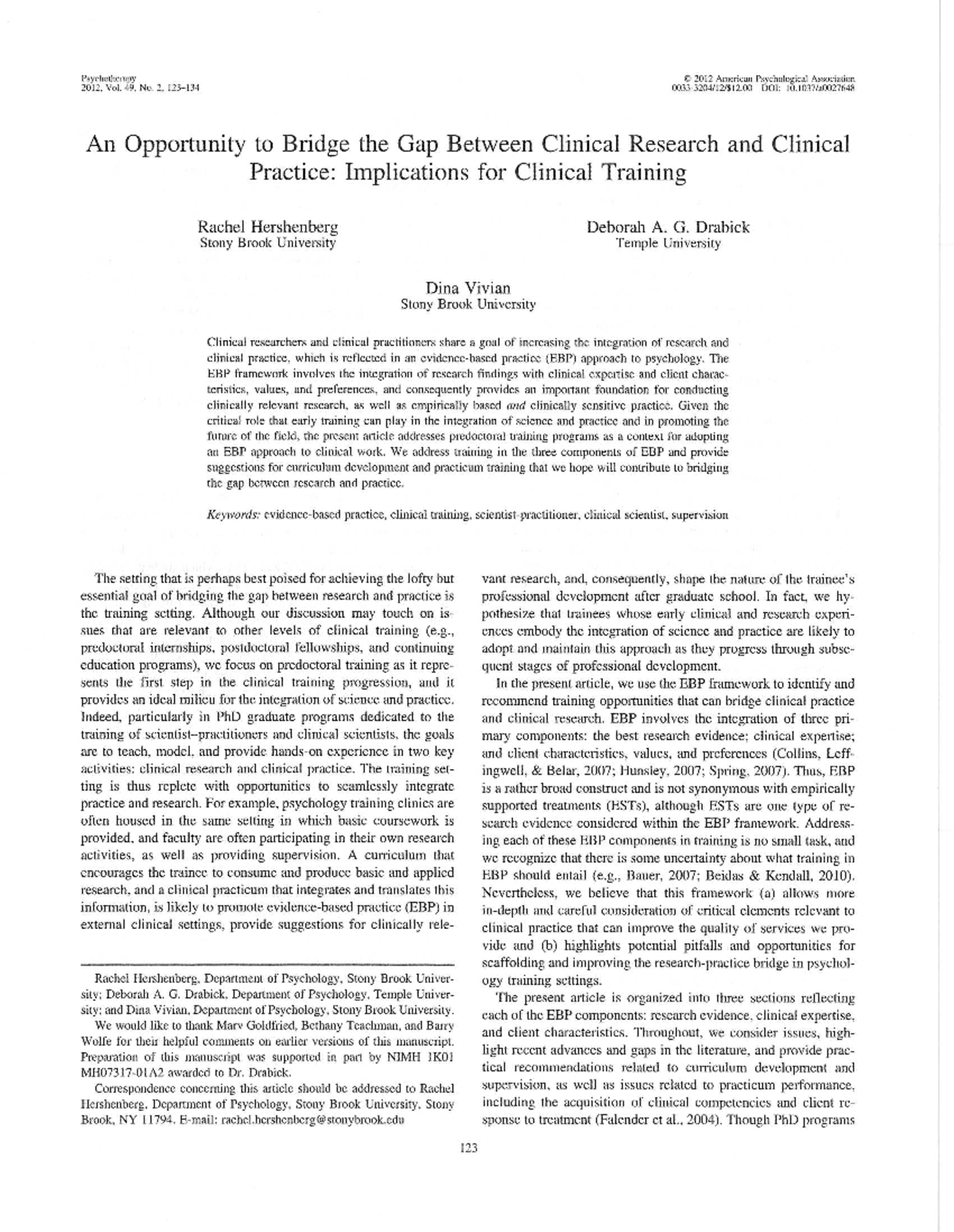 Bridging Clinical Research and Practice: EBP in Psychotherapy Training ...