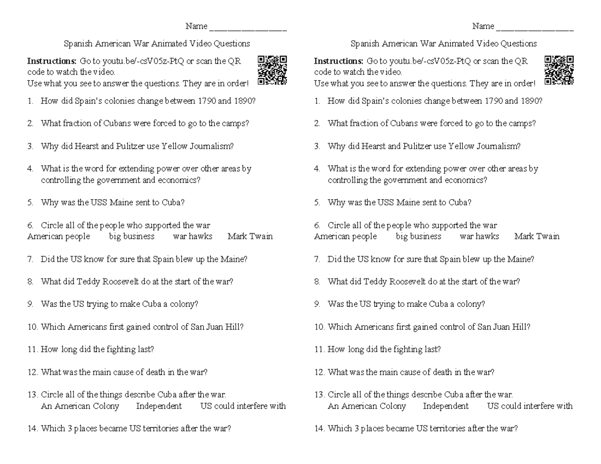 Spanish American War Video Questions - Mr. Betts Class-1 - Studocu