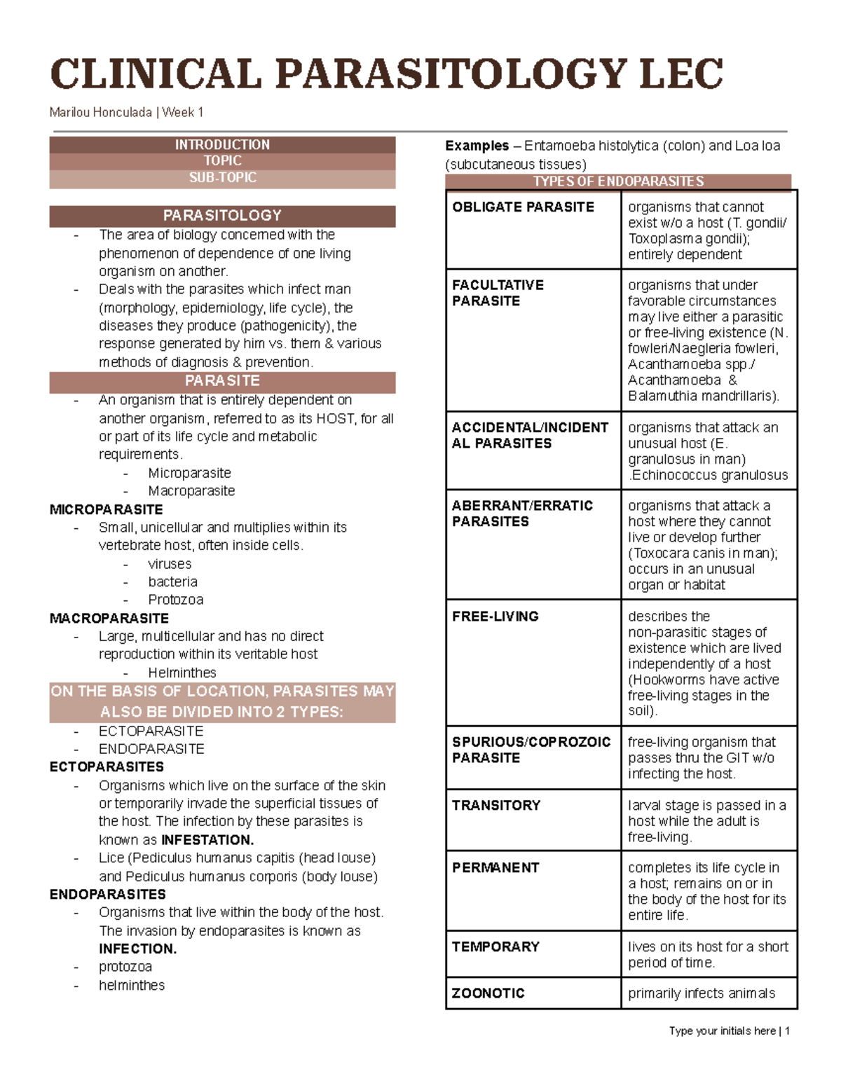 CLINICAL PARASITOLOGY LEC 101: Week 1 Introduction to Parasitology ...