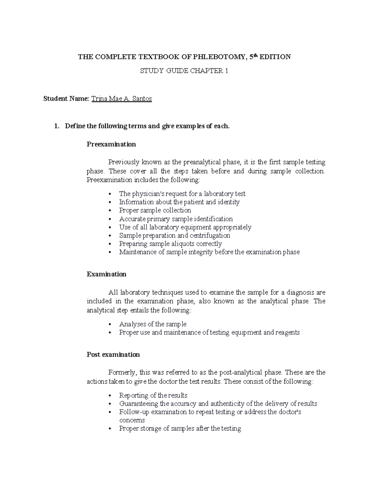 Study Guide for Introduction to Phlebotomy (CH 1) - 5th Edition - Studocu