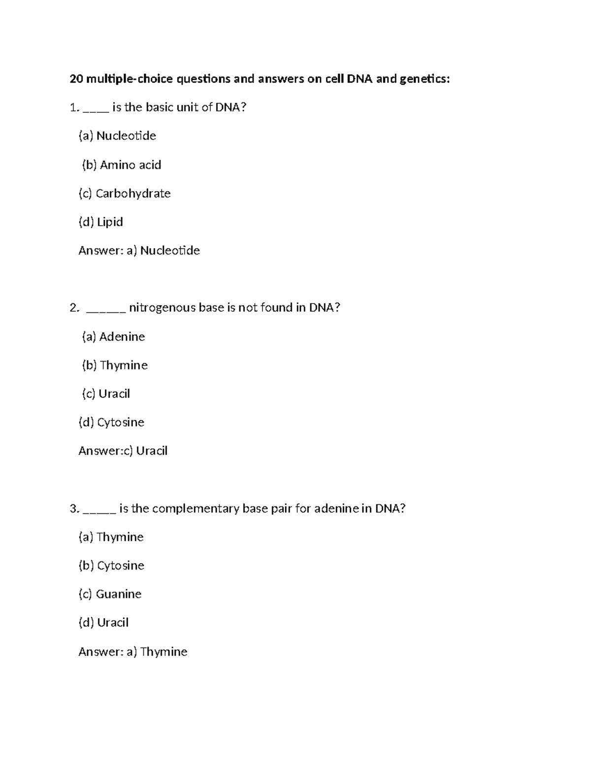 20 MCQs & Answers on DNA, Genetics, Cell Bio - (Course Code) - Studocu