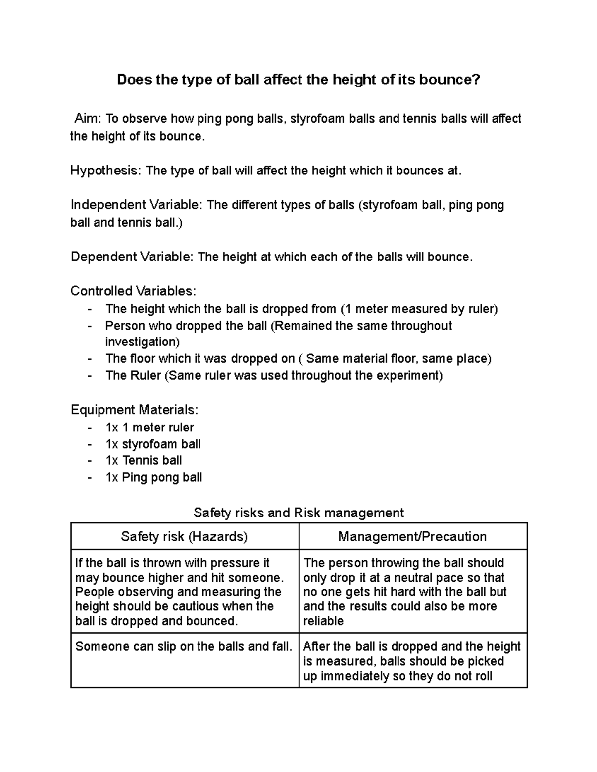 Year 8 Science Investigation: Effect of Ball Type on Bounce Height ...