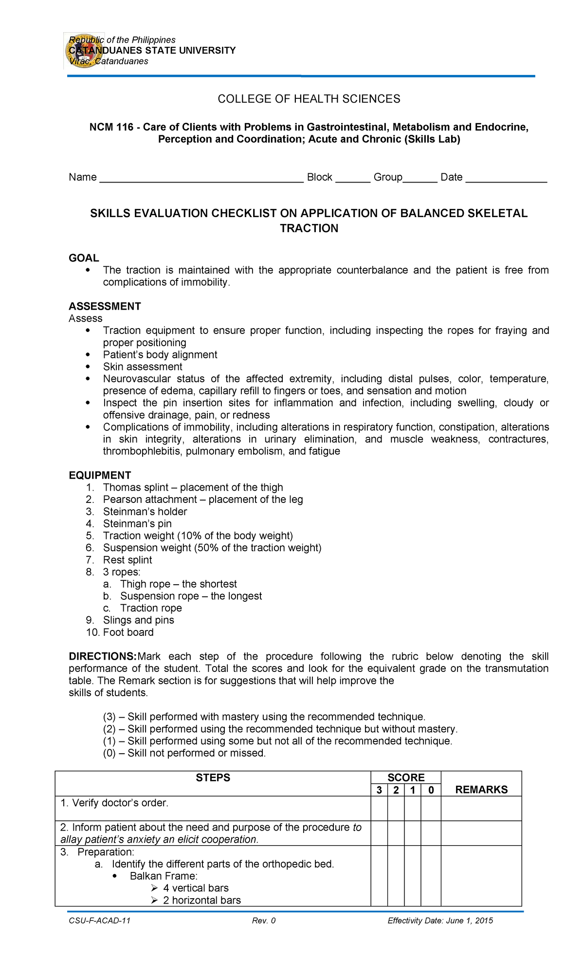 Skills evaluation checklist for balanced skeletal traction (NCM 116 ...