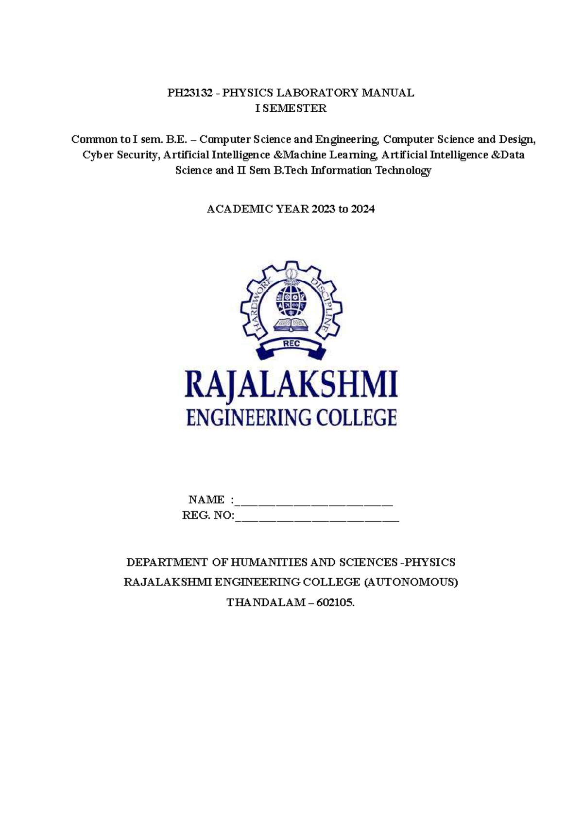Physics Laboratory Manual PH23132 - I Sem 2023-24 - Studocu