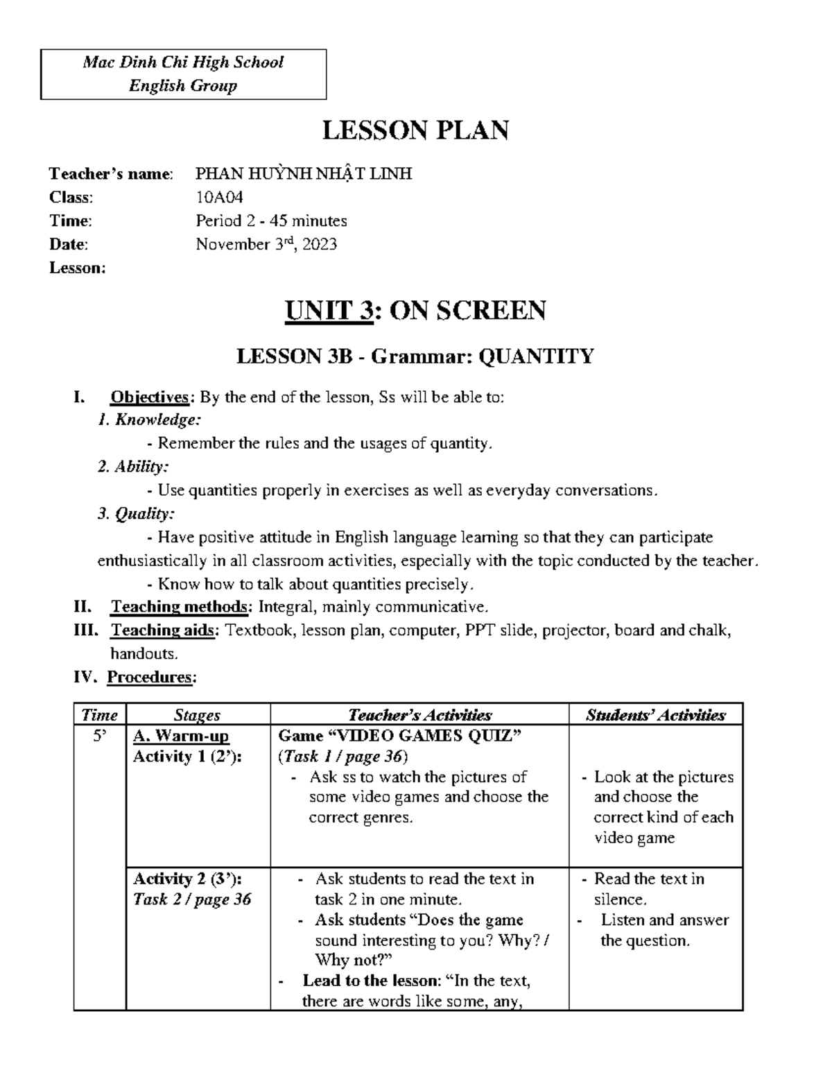 3B Lesson PLAN - student notes - Mac Dinh Chi High School English Group ...
