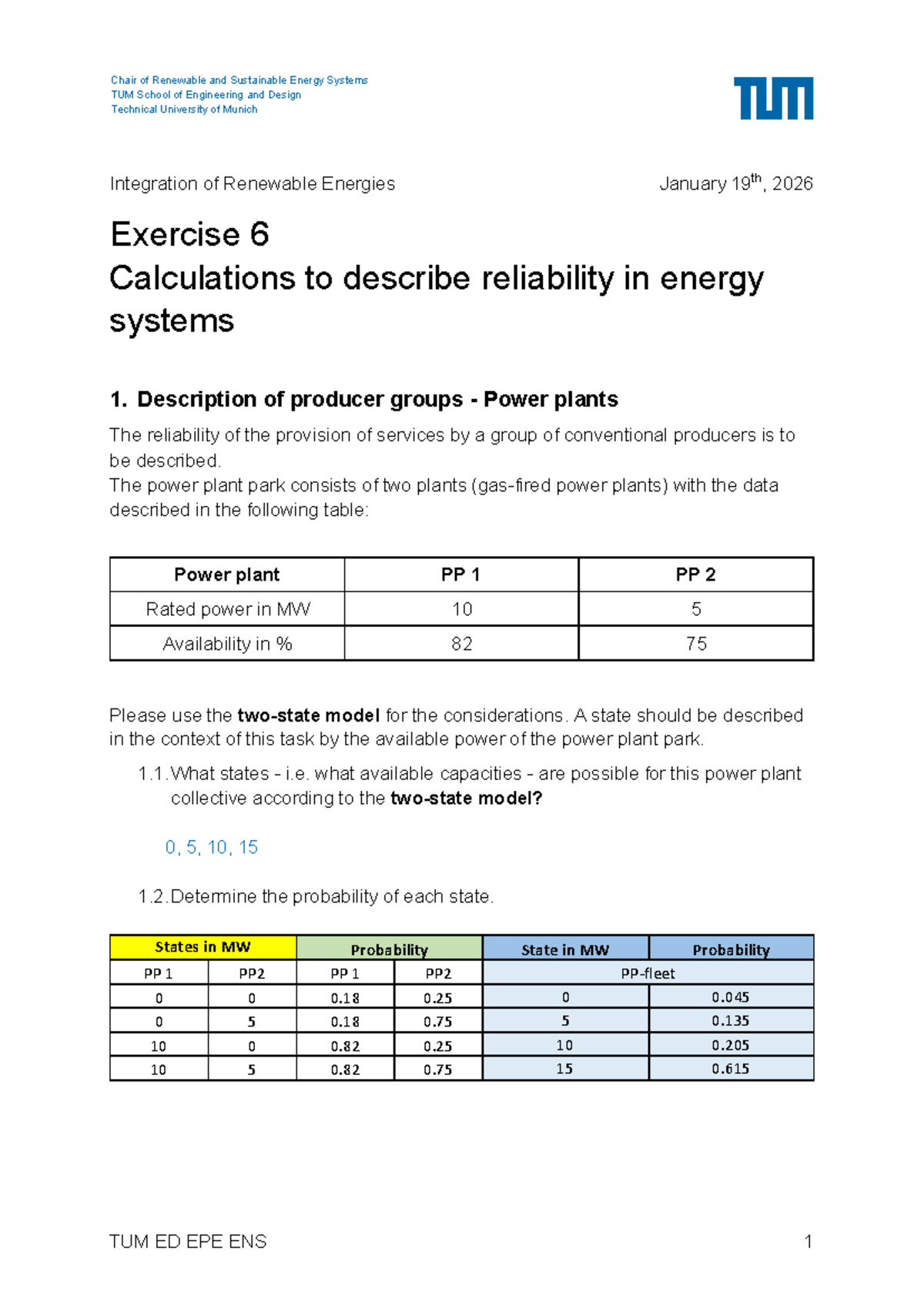 Exercise 6 - Reliability Calculations in Renewable Energy Systems (TUM ...