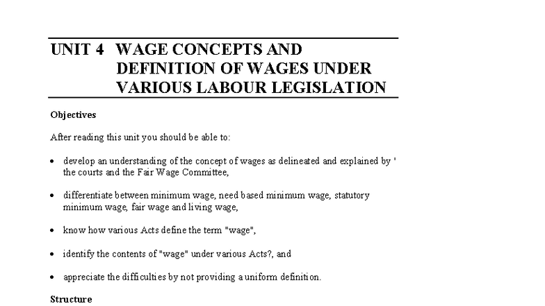 Unit 4: Wage Concepts & Definitions in Labour Legislation - Studocu