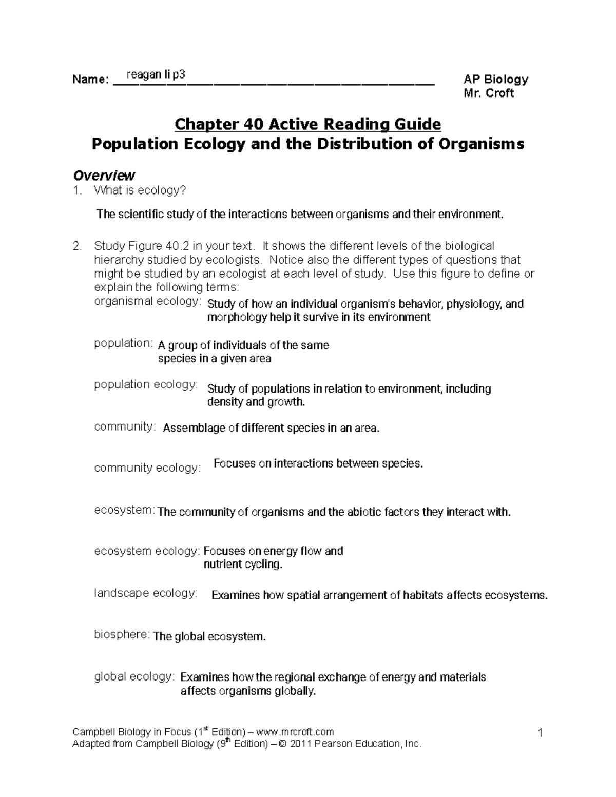 Chapter 40 Active Reading Guide: Population Ecology Overview - AP ...