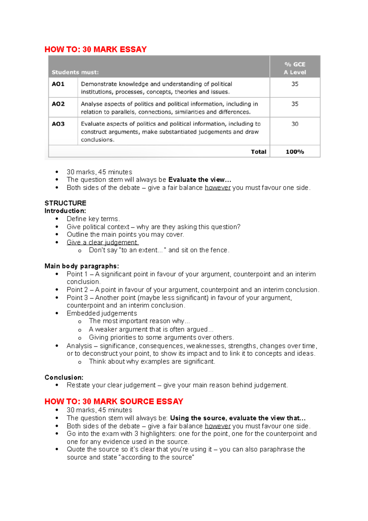 Edexcel Politics Exam Techniques: Mastering 30 Mark Essays - Studocu