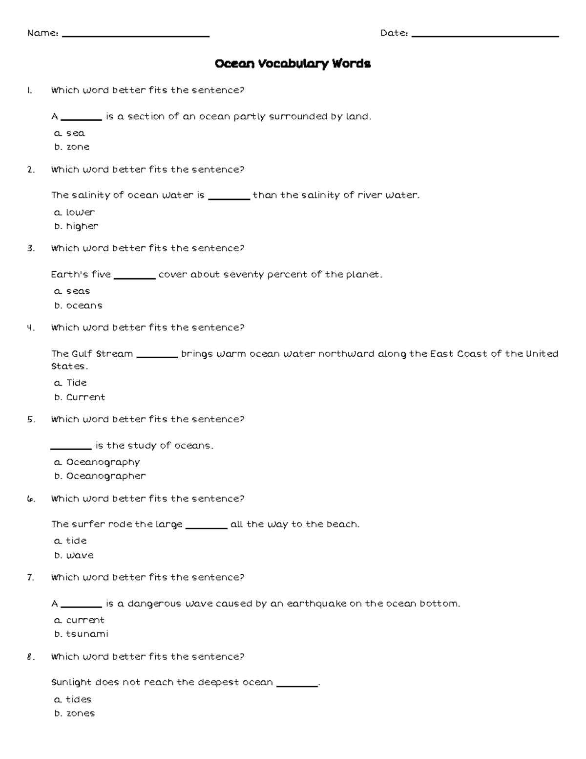 Ocean Vocabulary Words (Grade 3) - Free Printable Tests and Worksheets - Help Teaching - Name ...